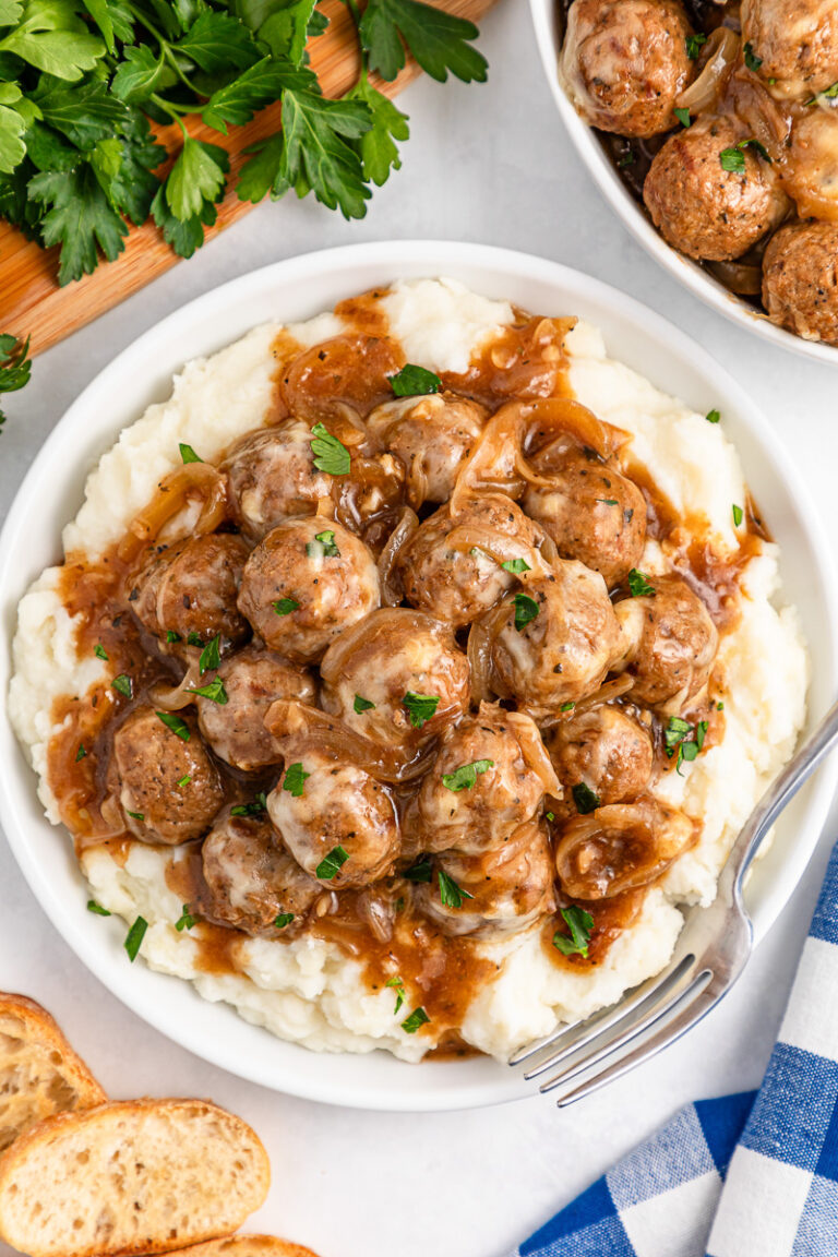 Crockpot French Onion Meatballs (From Frozen) | She's Not Cookin'