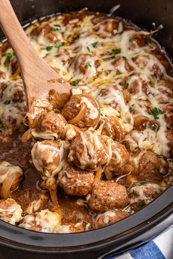 Crockpot French Onion Meatballs (From Frozen) | She's Not Cookin'