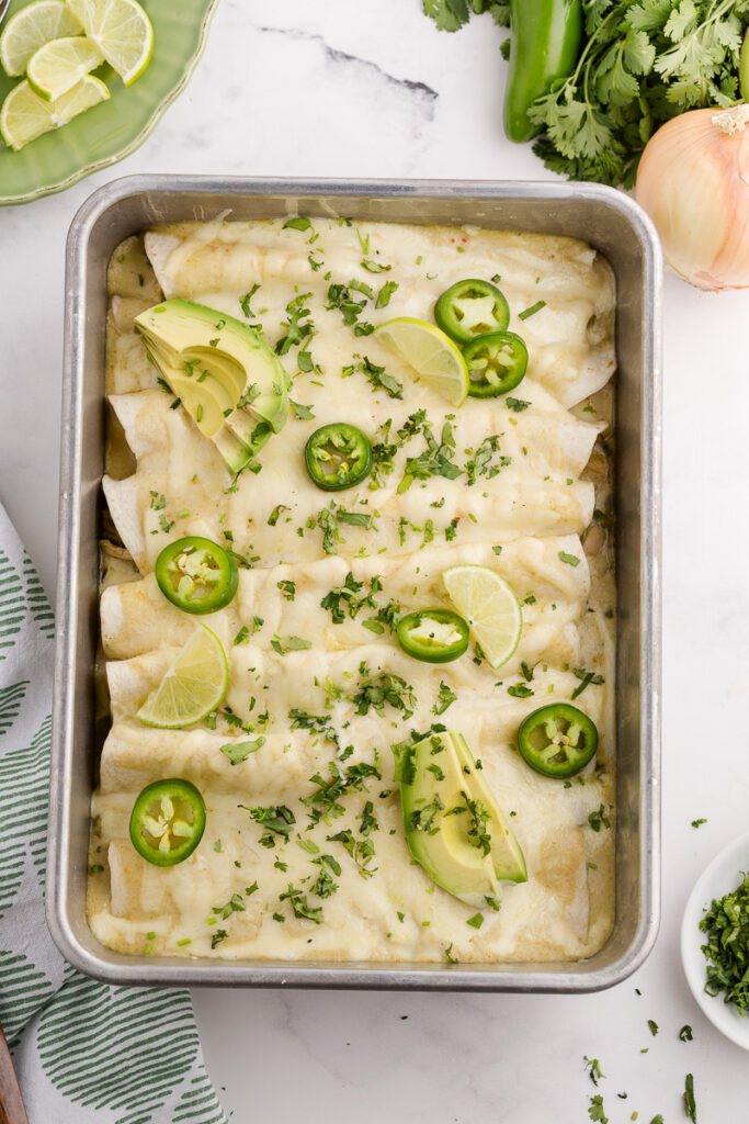 Green Chicken Enchiladas With Flour Tortillas | She's Not Cookin'